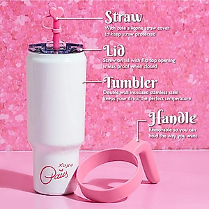 Paris-Hilton 40oz Stainless Steel Tumbler Set with Lid, Straw & Handle, Insulated Travel Mug for Hot & Cold Drinks, Double-Wall Vacuum Cup, Spill-Resistant, BPA-Free, Raspberry Pink & White