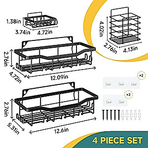 Linksandt Shower Caddy, 4 Pack Shower Shelves, Adhesive & Drilling 2 in 1 Bathroom Organizer, Large Capacity, Rustproof Stainless Steel Bathroom Shower Organizer, Shower Shelf for Inside Shower, Black