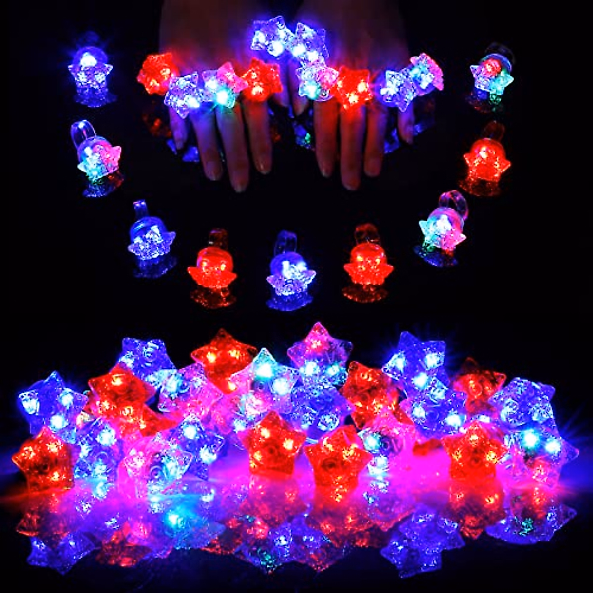 Nosiny 30 Pack Plastic Light Up Rings Glow Rings LED Light Up Star Rings Bulk Red White Blue Flashing Jelly Glow In The Dark Rings Finger Toys for Memorial Day Parties, Raves, Concert Shows, Gifts