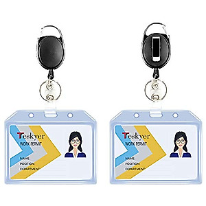 Teskyer 2 Pack Heavy Duty Retractable Badge Holders with Carabiner Reel Clip and Extra Thick Clear Name Tag ID Card Holders, Horizontal