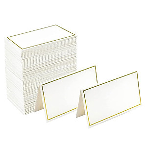 ccHuDE 50 Pcs Table Tent Cards Blank Place Cards Party Food Labels Table Setting Tags Folded Name Card Dinner Seating Cards with Gold Foil Border for Weddings Banquets
