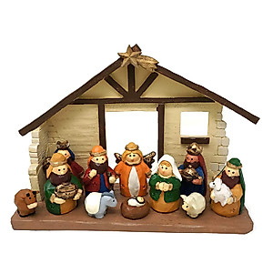One Holiday Way 8-Inch Medium Rustic Colorful Kids Christmas Nativity Scene with Creche, Set of 12 Figures - Small Mini Decorative Religious Figurines Christian Tabletop Home Decor
