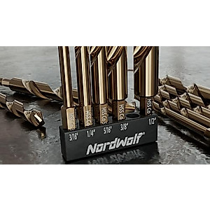 NordWolf 5-Piece M35 Cobalt Drill Bit Set for Stainless Steel, Hard Metals & Cast Iron, Jobber Length with 1/4" Hex Shank, SAE Sizes 3/16"-1/4"-5/16"-3/8"-1/2"