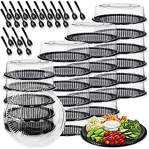 24 Pack 12 Inch Heavy Duty Serving Tray with Clear Lid and Sporks, Large Plastic Tray with Elegant Platter Round Black Disposable for Fruit Sandwich Party Takeout Food Catering Picnic