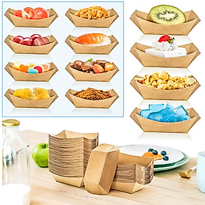 MotBach 150 Pack 1/4Lb Paper Food Boat Trays Disposable Small Paper Boats Plates Containers, 0.25Lb Mini Kraft Food Serving Boat Tray Baskets for Snack Fries Dessert Popcorn BBQ Sauce Tacos Nacho
