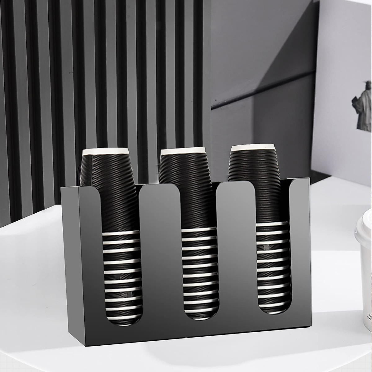 Tirifer Disposable Paper Cup Dispenser, Acrylic Coffee Cup and Lid Storage Organizer Holder, Coffee Milk Tea Shop Restaurant Accessories Christmas Party Supplies, 3 Compartments