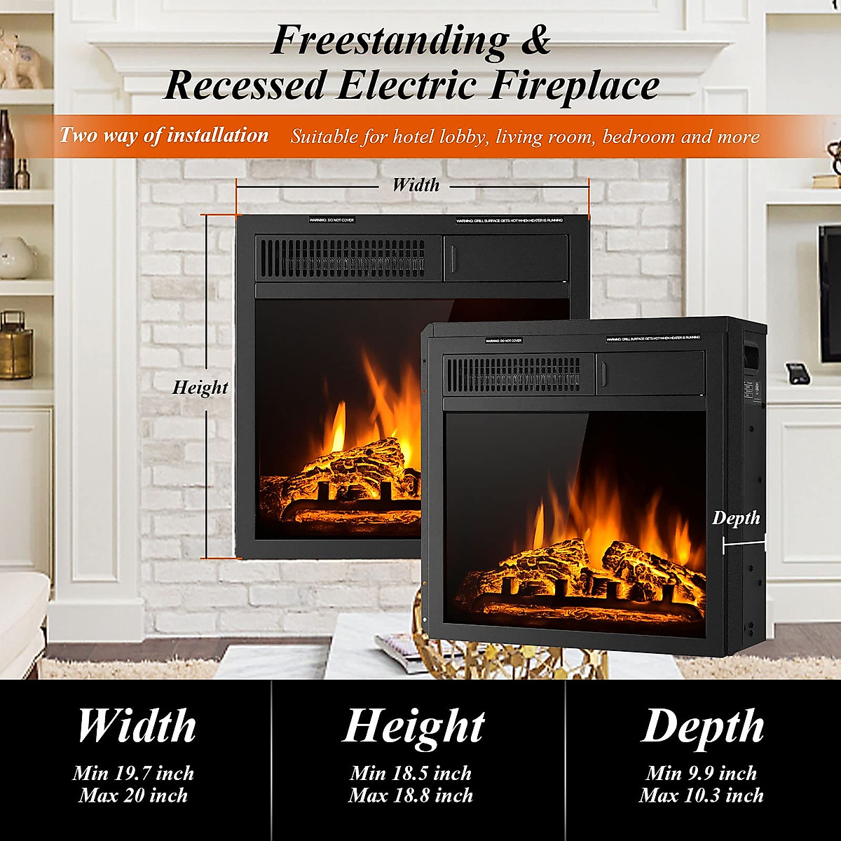 COSTWAY 19.5-Inch Electric Fireplace Inserts, 1500W Wall Recessed and Freestanding Decorative Fireplace with Remote, 7 Brightness Settings, Overheat Protection, Fireplace Heater for Indoor Use