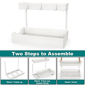 2-Tier Under Sink Organizers and Storage 2 Pack Sliding L-shape Under Cabinet Organizers For Narrow Space Multi-purpose Sink Organizer for Bathroom Kitchen Drawer(White 2 Pack)
