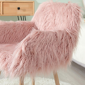 Homfii Cute Faux Fur Fuzzy White Small Makeup Vanity Chairs with Wood-Like Metal Legs Fluffy Furry Office Desk Chairs for Women Kids Teen Girls