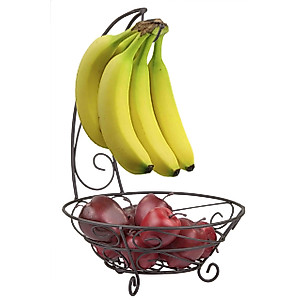Home Basics Scroll Collection Steel Fruit Basket with Hanging Banana Tree, Perfect for Kitchen Countertop & Dining Room Table, Bronze