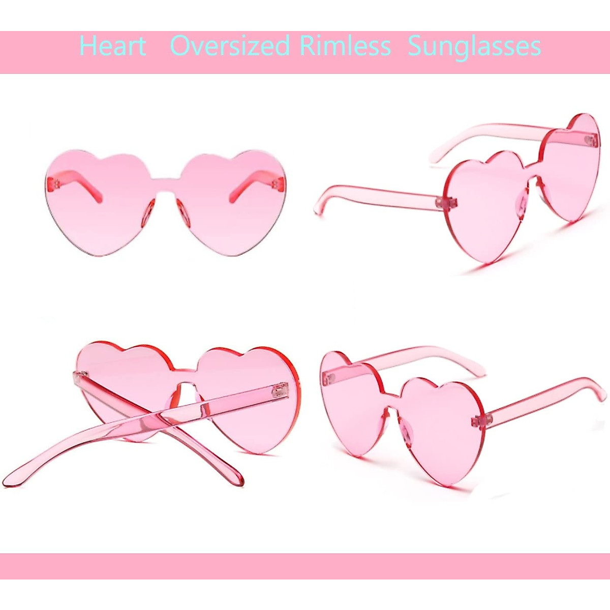 JFTOWN 6 Pairs Pink Heart Shape Rimless Valentines Sunglasses Candy Color Frameless One Piece Love Glasses Tinted Eyewear for Women Party Favor (Pink)