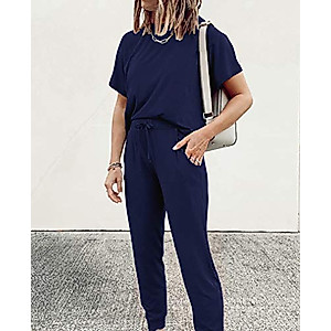 PRETTYGARDEN Women's Two Piece Outfit Short Sleeve Pullover with Drawstring Long Pants Tracksuit Jogger Set (Navy,Large)
