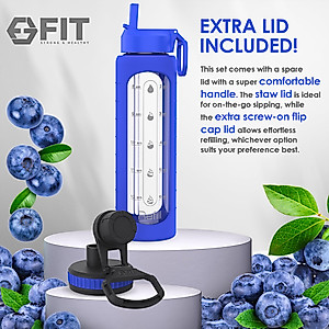 FIT Strong & Healthy 32 oz Glass Water Bottle with Time Marker & Silicone Sleeve - w/Handle & 2 Leakproof Lids Straw & Spout Lid, Wide Mouth, BPA Free 1 Liter Motivational Drinking Bottle, Royal Blue