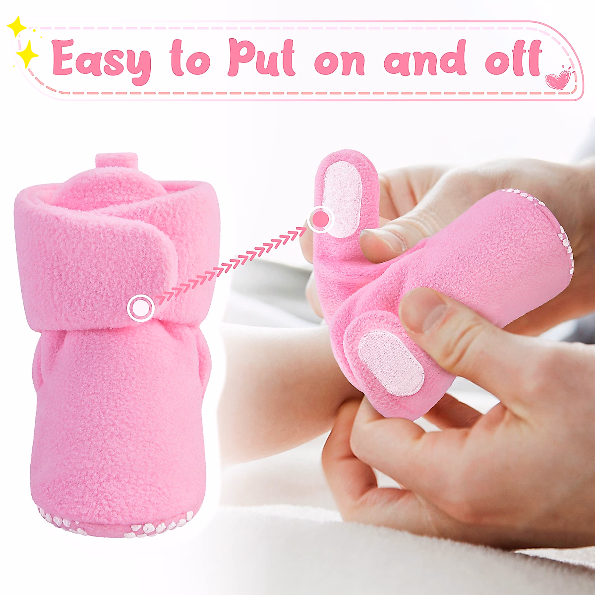Pro Goleem Fleece Baby Booties, Warm Cozy Baby Slippers, Stay On Sock Shoes, Easy to Put on, Unisex Baby Gifts, Soft Non-Slip Adjustable Newborn Boots for Boys and Girls 12-18 Months, Pink