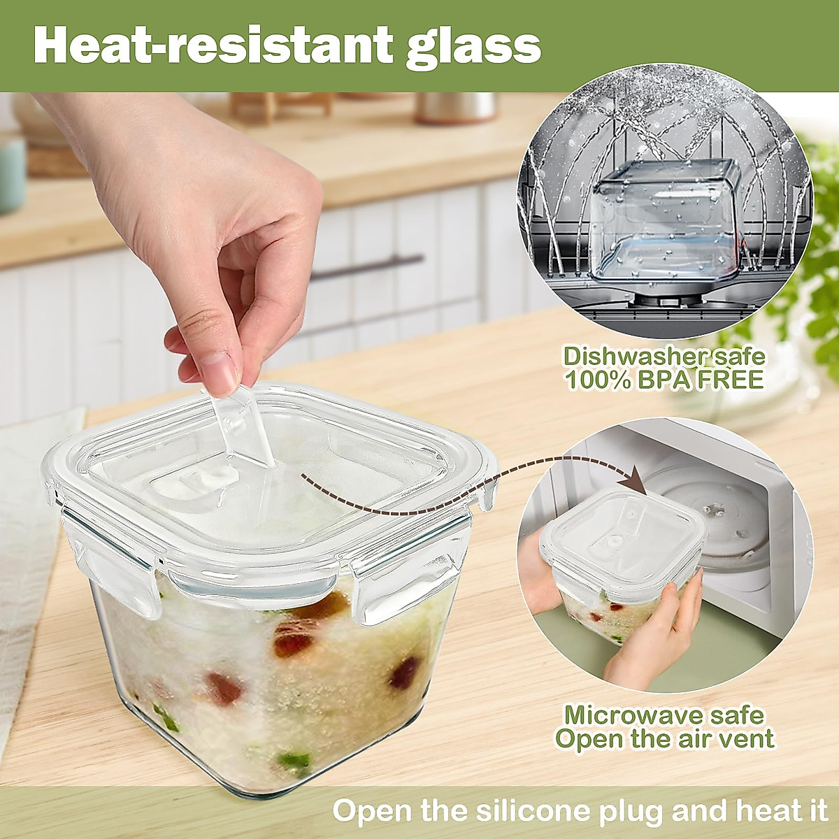 Glass Soup Containers with Lids Square, 4 Cup Glass Storage Containers for Lunch, Glass Freezer Safe Food Storage Jars for Salad, Fruit and Ice Cream, Glass Meal Prep Bowl Reusable Microwavable 32 oz