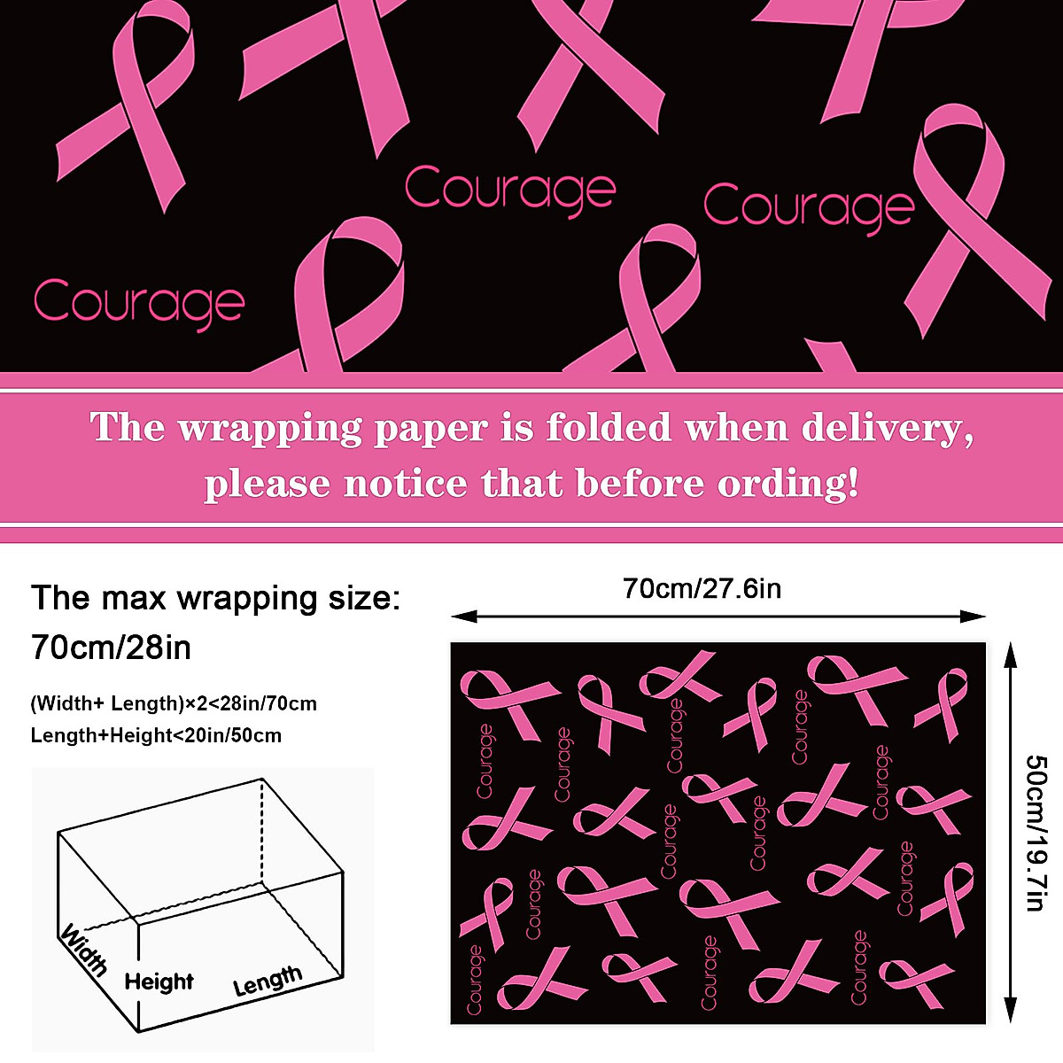AnyDesign 12 Sheet Breast Cancer Awareness Wrapping Paper Pink Bow Peace Dove Gift Wrap Paper Bulk Decorative Art Paper for DIY Crafts, 19.7 x 27.6 Inch, Folded Flat