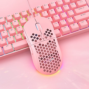 DIERYA M1SE Wired Gaming Mouse with Honeycomb Shell, 12800DPI Optical Sensor, 6 Programmable Macros, Software Support for Custom Key Config, and RGB Settings for Windows 7/8/10/XP, Vista, Linux-Pink