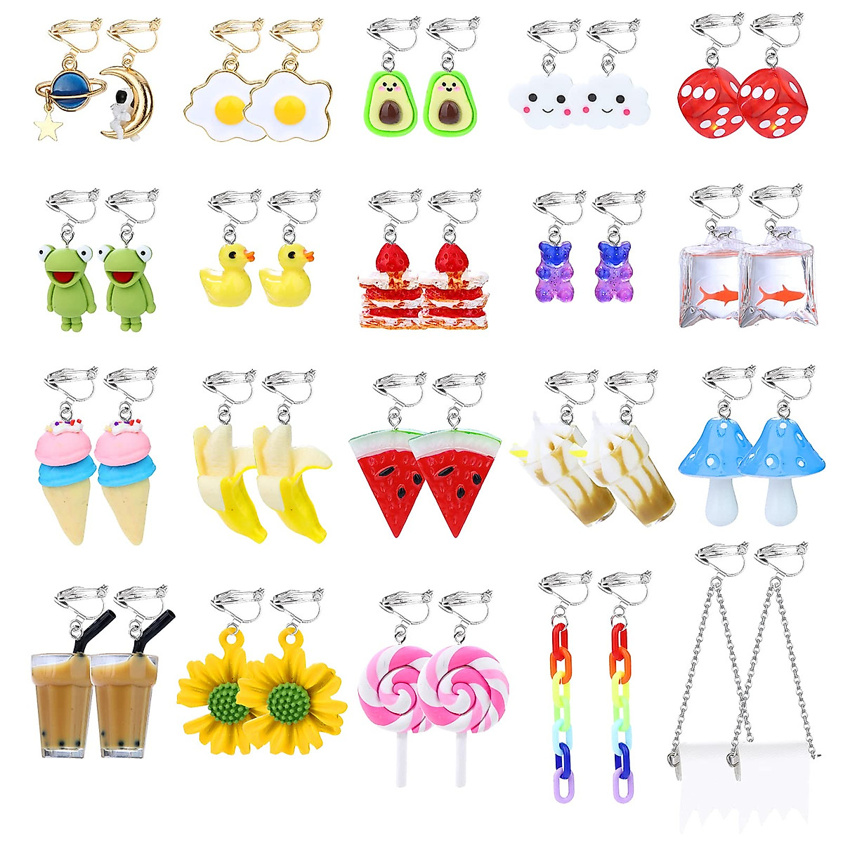 JOERICA 20Pairs Weird Clip On Earrings Funny Drop Dangle Earrings for Women Frog Flower Mushroom Butterfly Strawberry Goldfish Earrings, Stainless Steel, Cubic Zirconia