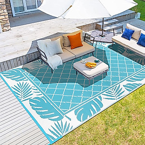 Ileading Outdoor Rug Carpet for Patio 4' x6' Waterproof Reversible Plastic Straw Rug Portable Outside Area Rug Camping Mat for Patio, Clearance, Balcony, Picnic, Pool, Beach, RV, Deck, Leaf Teal