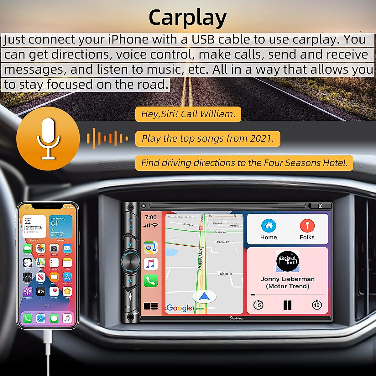 Double DIN CarPlay Multimedia Player, 7" HD Capacitive Touchscreen, Car Stereo with Backup Camera, Bluetooth, 16-Band EQ, Steering Wheel Controls, Mirror-Link, USB/SD Port, AM/FM Car Radio Receiver
