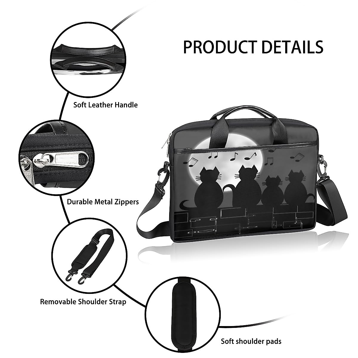 Music Cat Laptop Computer Bag Waterproof Shoulder Messenger Bag 13-15 inch Durable Laptop Tote Bag with Shoulder Strap Handle Lightweight Crossbody Briefcase