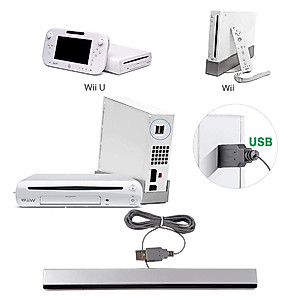 Aokin USB Sensor Bar for Wii, Replacement USB Wired Infrared Ray Sensor Bar for Nintendo Wii, Wii U, Includes Clear Stand, Silver/Black