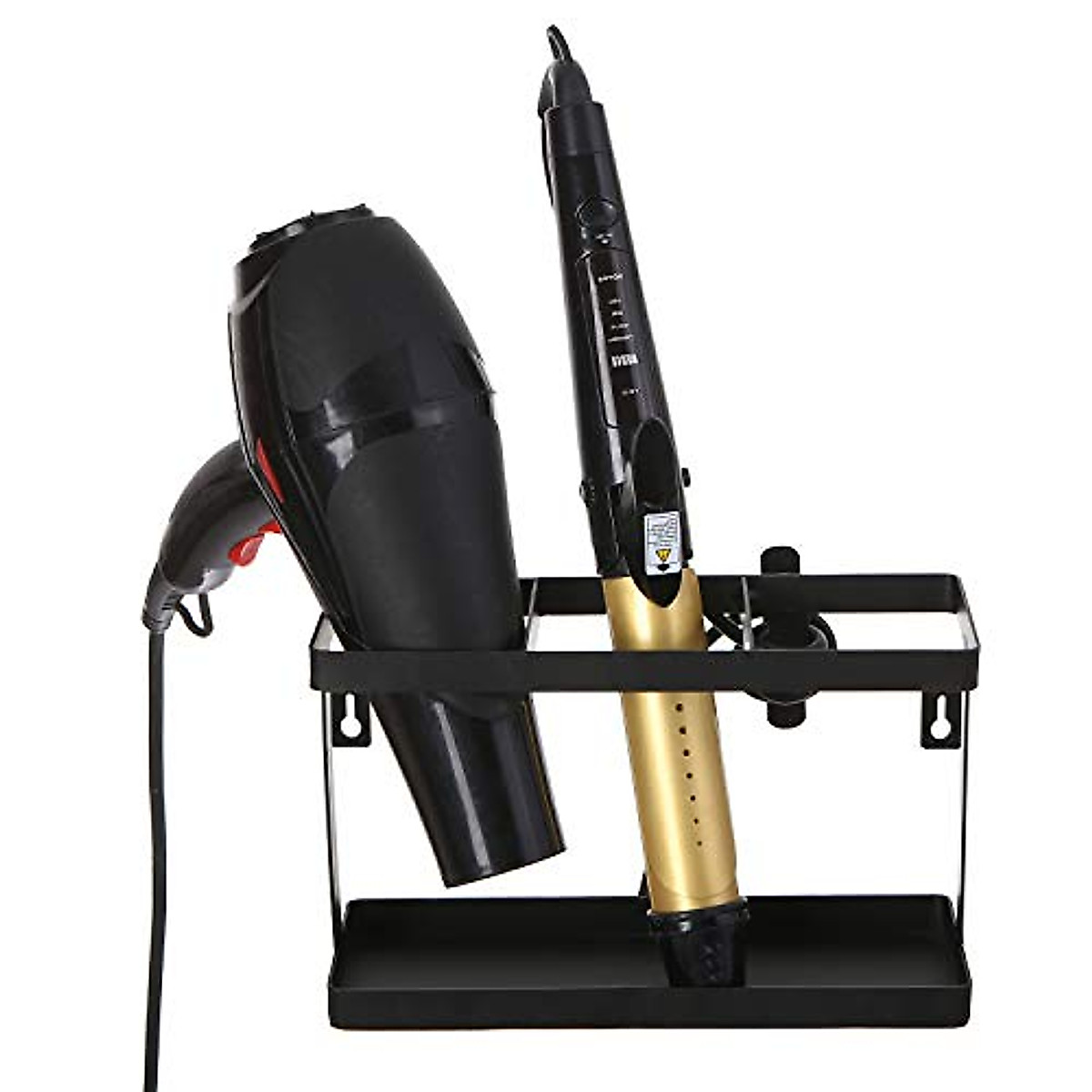 MyGift Wall Mounted Black Metal Hair Styling Tool Organizer Caddy, Bathroom Countertop Vanity Storage Rack for Hair Styler Tools, Blow Dryer, Curling Iron, and Flat Iron Holder Rack