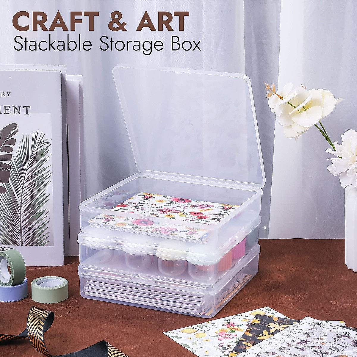 ISKYBOB 3 Packs Scrapbook Paper Storage Boxes, Clear 6 x 6 Paper Storage Organizer with Lids Stackable Plastic Scrapbooking Craft Containers for Organizing Cardstock, Photo, Sticker