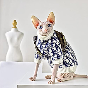 Sphynx Cat Clothes,Sphynx Hairless Cats Turtleneck Sweater Blue Line Aesthetic Design, Breathable Cat Wear Clothes Sweater for Sphynx, Cornish Rex, Devon Rex, Peterbald (L)