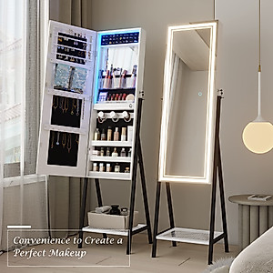 Vlsrka Mirror Jewelry Cabinet Standing with LED, Jewelry Mirror Full Length with Built-in Makeup Mirror & Lights, Large Jewelry Armoire Cabinet for Earrings Necklaces Cosmetic (White)