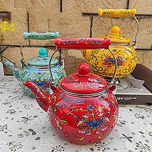 CALLARON Camping Stove Ceramic Enamel Tea Kettle Porcelain Enameled Teakettle Floral Teapot Hot Water Kettle Pot with Infuser for Stovetop Enamel on Steel Tea Kettle 2.2l Red Office Decor