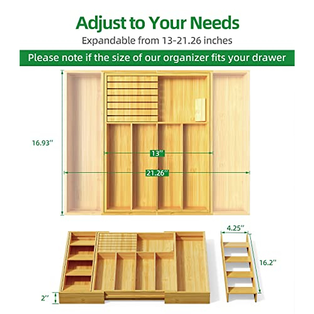 Delamu Expandable Silverware Organizer with Cutlery Organizer in Drawer, Flatware Utensil Organizer with Knife Organizer, Bamboo Kitchen Drawer Organizer for Large Utensils, Silverware Tray for Drawer