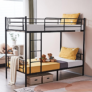 Karl home Black Bunk Bed Twin Over Twin, Metal Bunk Bed with Built-in Ladder and Safety Guardrail, Space-Saving Twin Bunk Beds for Kids, Teens & Adults, No Box Spring