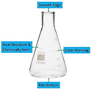 Labnique Borosilicate 3.3 Glass Conical Flask, Erlenmeyer Flask with Narrow Mouth, Graduated, Double Boxed, 2000ml (Pack of 2)