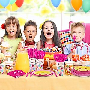 durony 210 Pieces Preppy Smiley Face Party Tableware Set Paper Smile Face Plates Napkins Paper Cups Cutlery for Preppy Birthday Party Supplies Baby Shower Decor, Serve 30 Guest