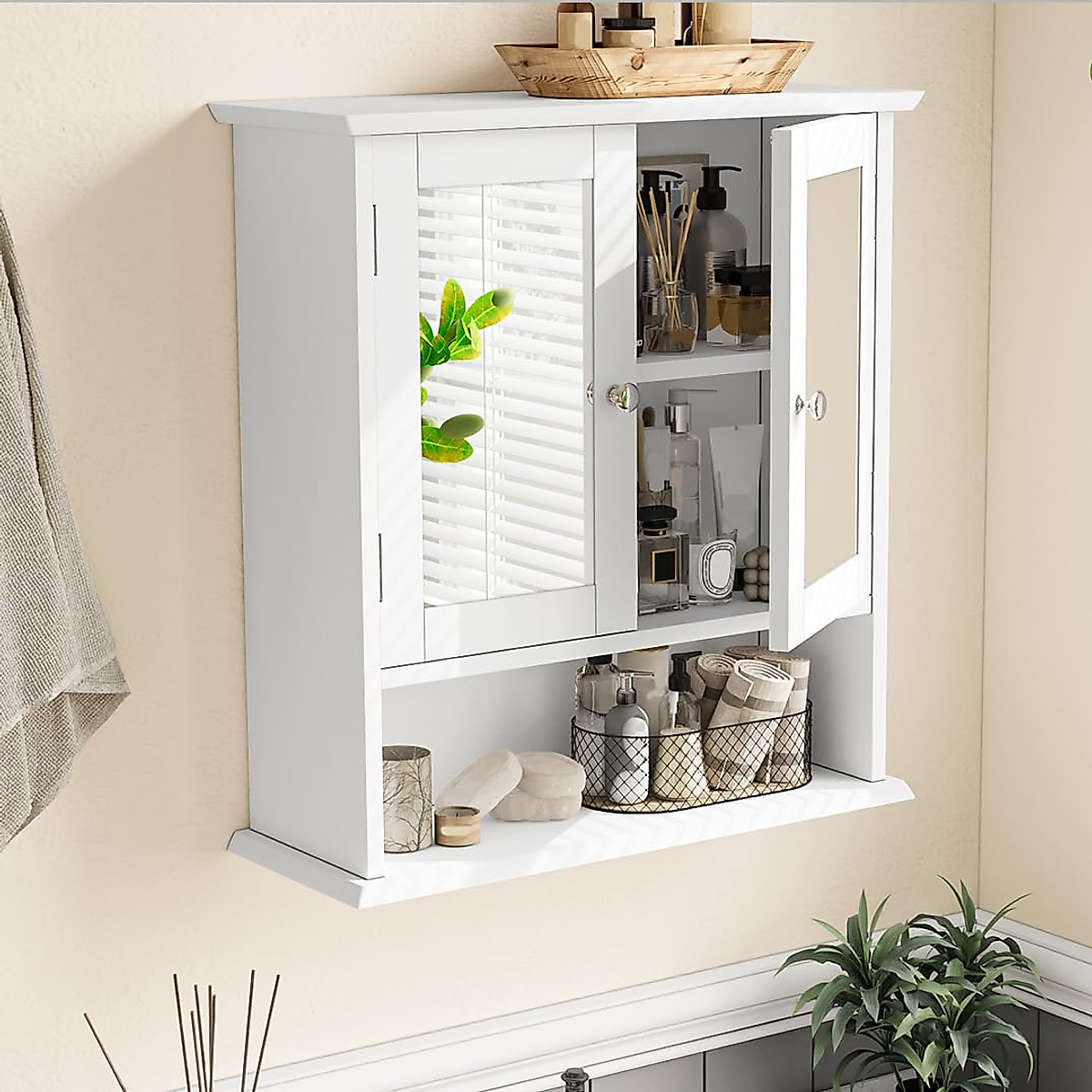 Mino Kesper Bathroom Wall Cabinet with Mirror, White Bathroom Cabinet with 2 Doors and Adjustable Shelf, Wall Mounted, 21.5" W x 7.8" D x 23.6" H