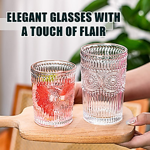 wookgreat Vintage Drinking Glasses Set of 12, Textured Clear Striped Glass Cups-6 Highball Glasses 13oz & 6 Rocks Glasses 10oz, Ribbed Glassware Set, Mojito Cups, Cocktail Glass, Iced Coffee Cup
