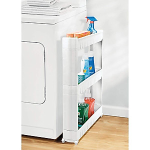mDesign Slim Plastic Rolling Laundry Utility Cart, Portable Storage Organizer Trolley - Easy-Glide Wheels and 3 Heavy-Duty Shelves, for Laundry, Utility Room, Kitchen or Pantry Storage - White