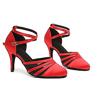 TINRYMX Women Latin Dance Shoes Closed Toe Salsa Tango Performance party ballroom Dance Shoes,YCL189-Red-8.5CM,US 7.5