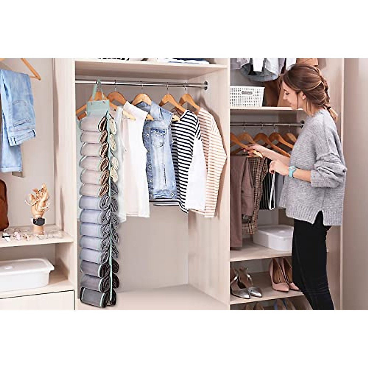Legging Organizer Storage, T-Shirt Organizer, Hanging Closet Organizer, Hanging Clothes Organizer with 26 Roll Compartments for Yoga Pants, Tank Top, Towel, Underwear, Shirt (Grey)