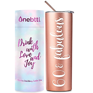 Onebttl 60th Birthday Gifts for Women, 60 & Fabulous, 60th Birthday Gift Idea for Women, 60th Bday Gifts, Stainless Steel Tumbler 20Oz - Rose Gold