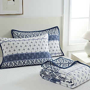 BCOTTOND Floral Quilt Set Queen 100% Cotton Blue Navy Quilt Bedding Set for Queen Bed Farmhouse Bedspread Queen Size Soft Reversible Lightweight Comforter Set All Seasons 3 Pieces