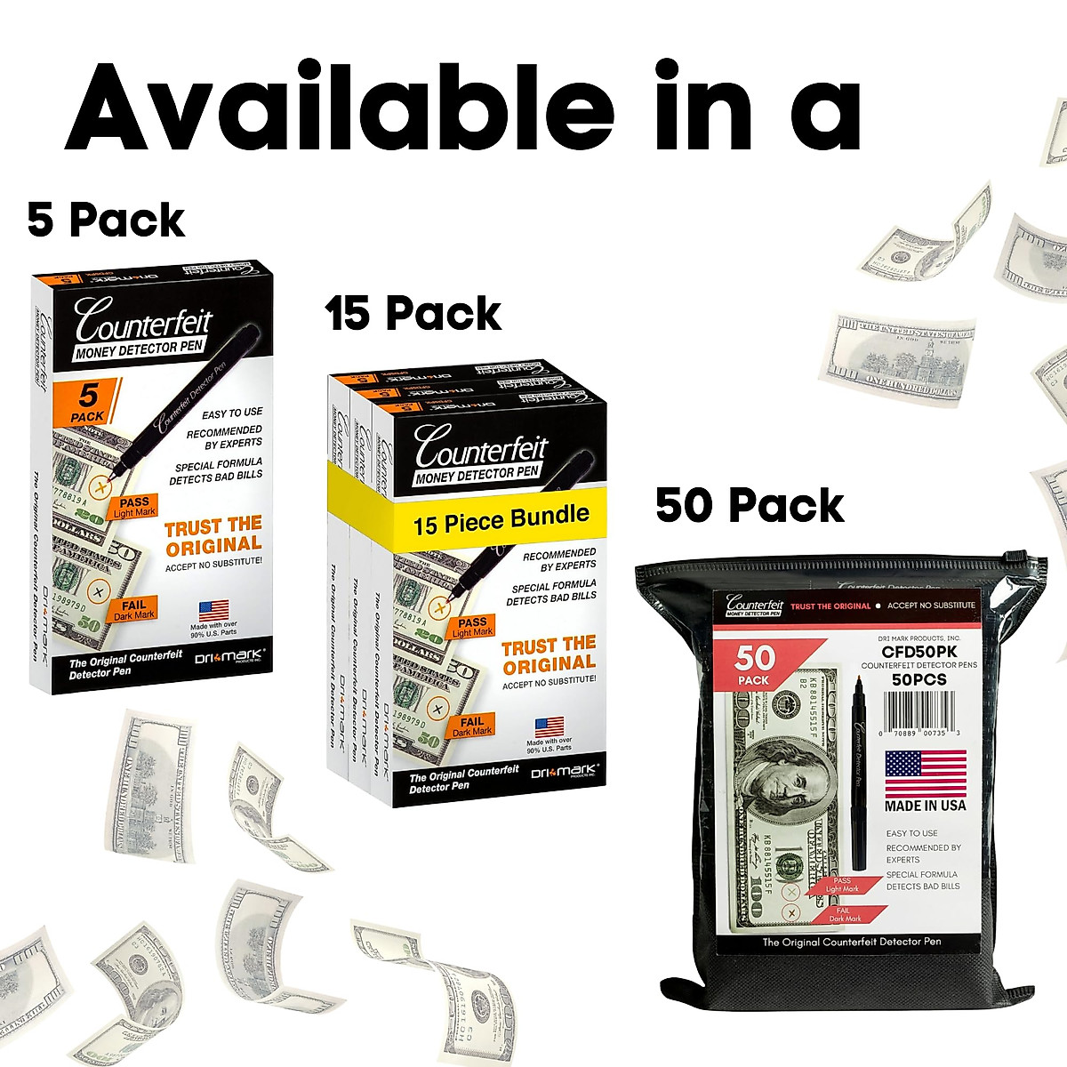 Dri Mark CFD5PK Counterfeit Bill Detector Marker Pen, Made in The USA, 3 Times More Ink, Pocket Size, Fake Money Checker - Money Loss Prevention Tester & Fraud Protection for U.S. Currency (Pack of 5)