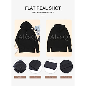 AlvaQ Women Black Sweatshirt V Neck Long Sleeve Button Up Pullover Hoodies Oversize Hooded Tops with Pocket Fashion 2024 Black Medium