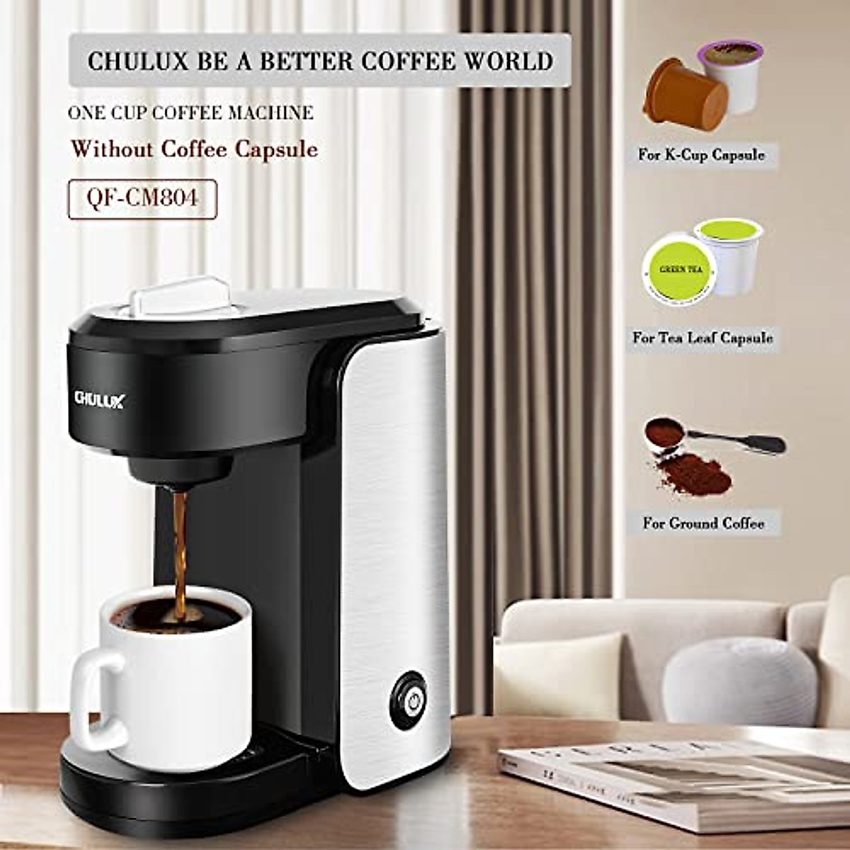 CHULUX Stainless Steel Single Serve Coffee Maker for Capsule,Visiable Gradient Water Reservoir,One Button Operation and Auto Shut Off,1000 Watts