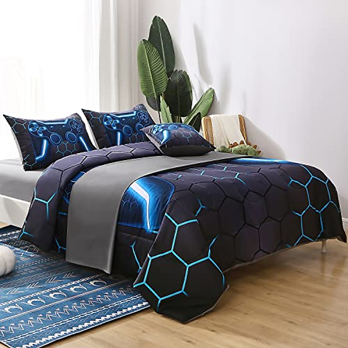 JQinHome Full Gamer Comforter Set,6 Piece Bed in A Bag 3D Video Game Bedding -All Season Down Alternative Gamer Bedding Sets - (Blue Game Controller)