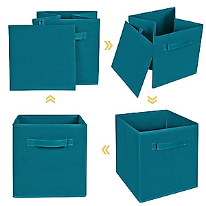 MaidMAX Cloth Storage Bins, Set of 6 Foldable Collapsible Fabric Cubes Organizers Basket with Dual Handles, Teal