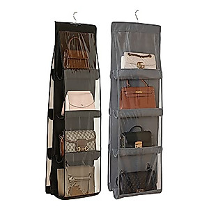 RAUYIVANY 2 Packs Hanging Handbag Purse Organizer, Hanging Purse Organizer Bag Storage Hanger Closet Organizer with Metal Hook, 8 Clear Pockets for Home Closet Bedroom(Grey and Black)
