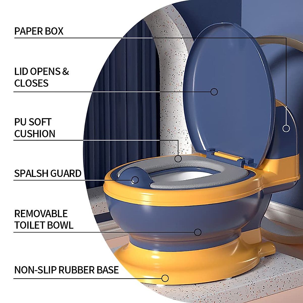 Potty Training Toilet, Realistic Potty Training Seat, Toddler Potty Chair with Soft Seat, Removable Potty Pot, Toilet Tissue Dispenser and Splash Guard, Non-Slip for Toddler& Baby& Kids