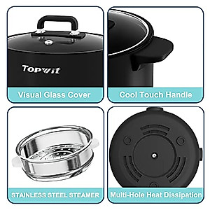 Topwit Electric Pot with Steamer, 1.5L Non-stick Ramen Cooker, Hot Pot Electric, Electric Pot for Cooking Pasta, Noodles, Steak, Egg, Portable Pot with Dual Power Control, Dorm Room Essentials, Black…